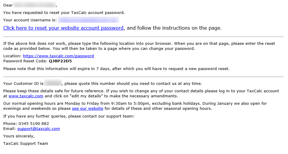 How to reset the TaxCalc website password - Knowledge Base - TaxCalc